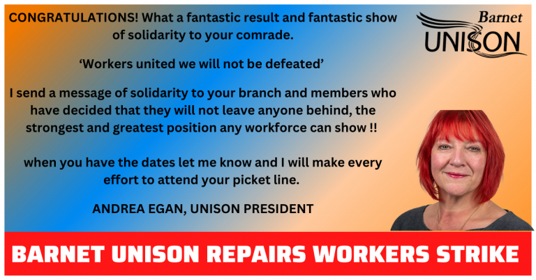 Solidarity from Andrea UNISON President – Barnet UNISON